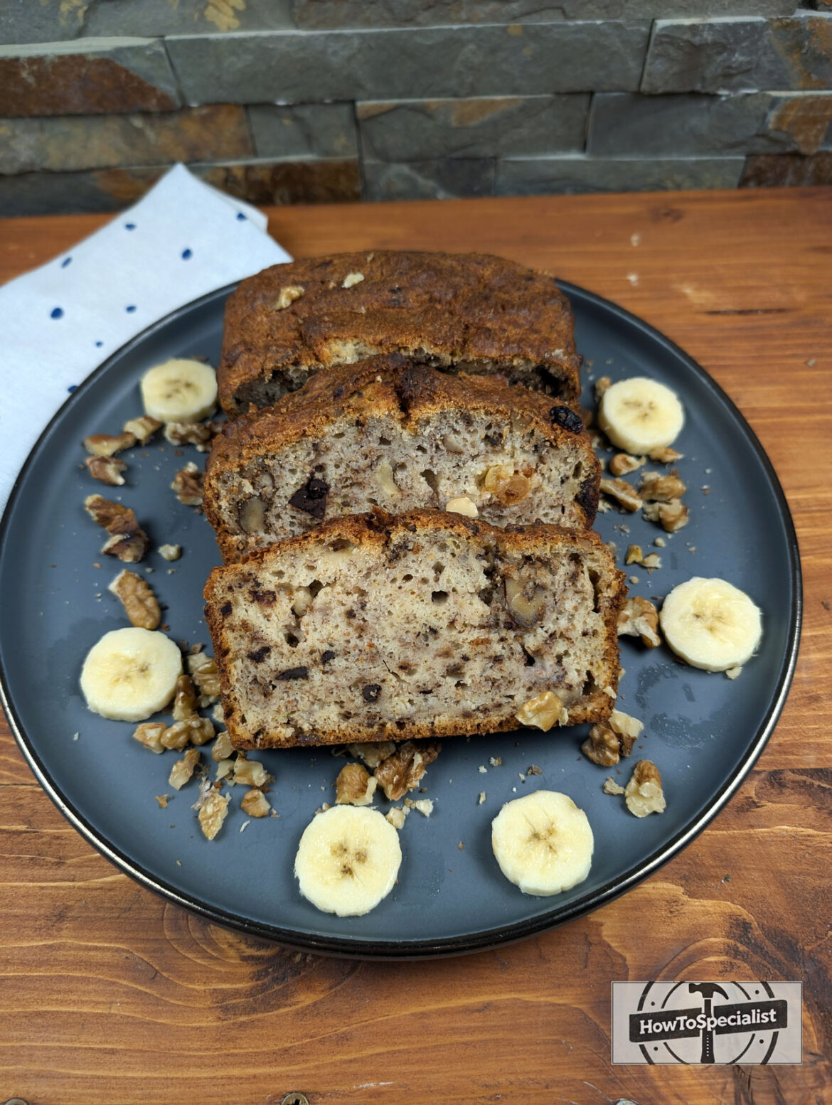 Banana bread recipe with nuts, dark chocolate, and yogurt